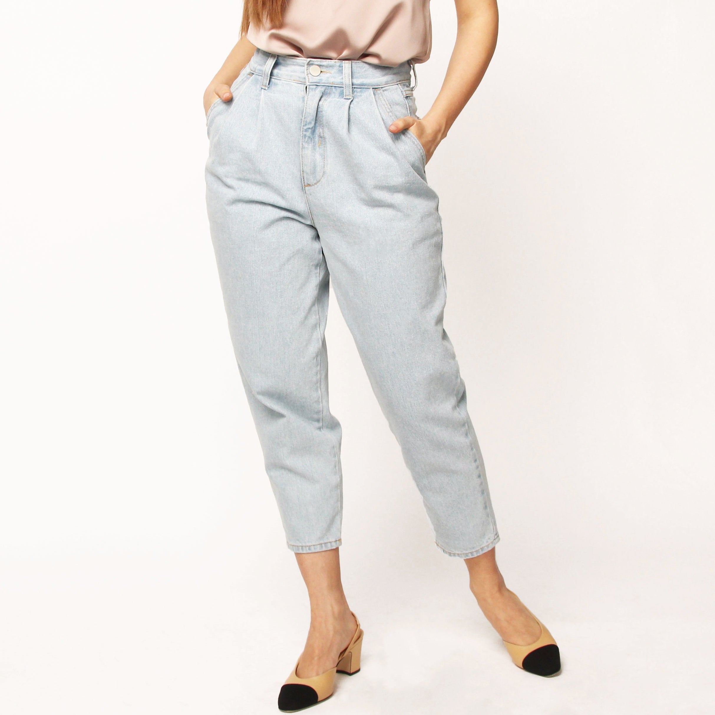 Light Blue Pleated Denim Pants-Marble Hive